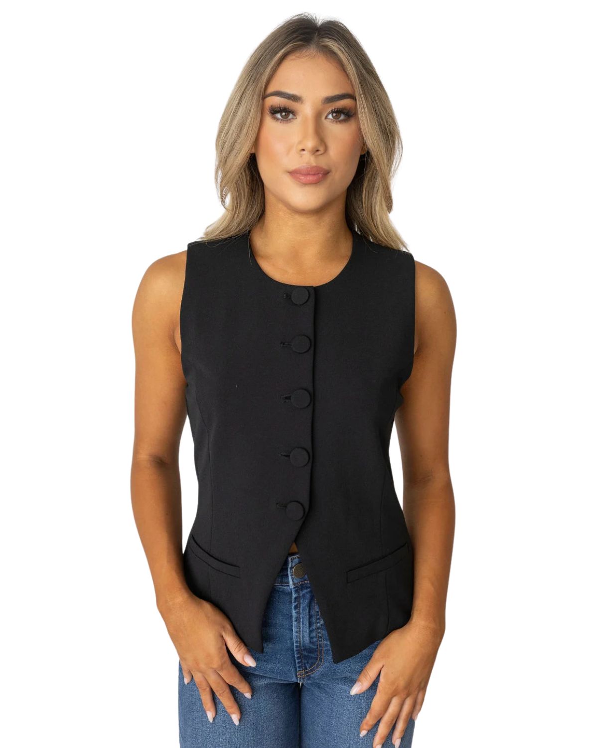 Stilo Apparel FS30666 KNIT CREPE FITTED VEST FEAT JEWEL NK LINE - Six Pack