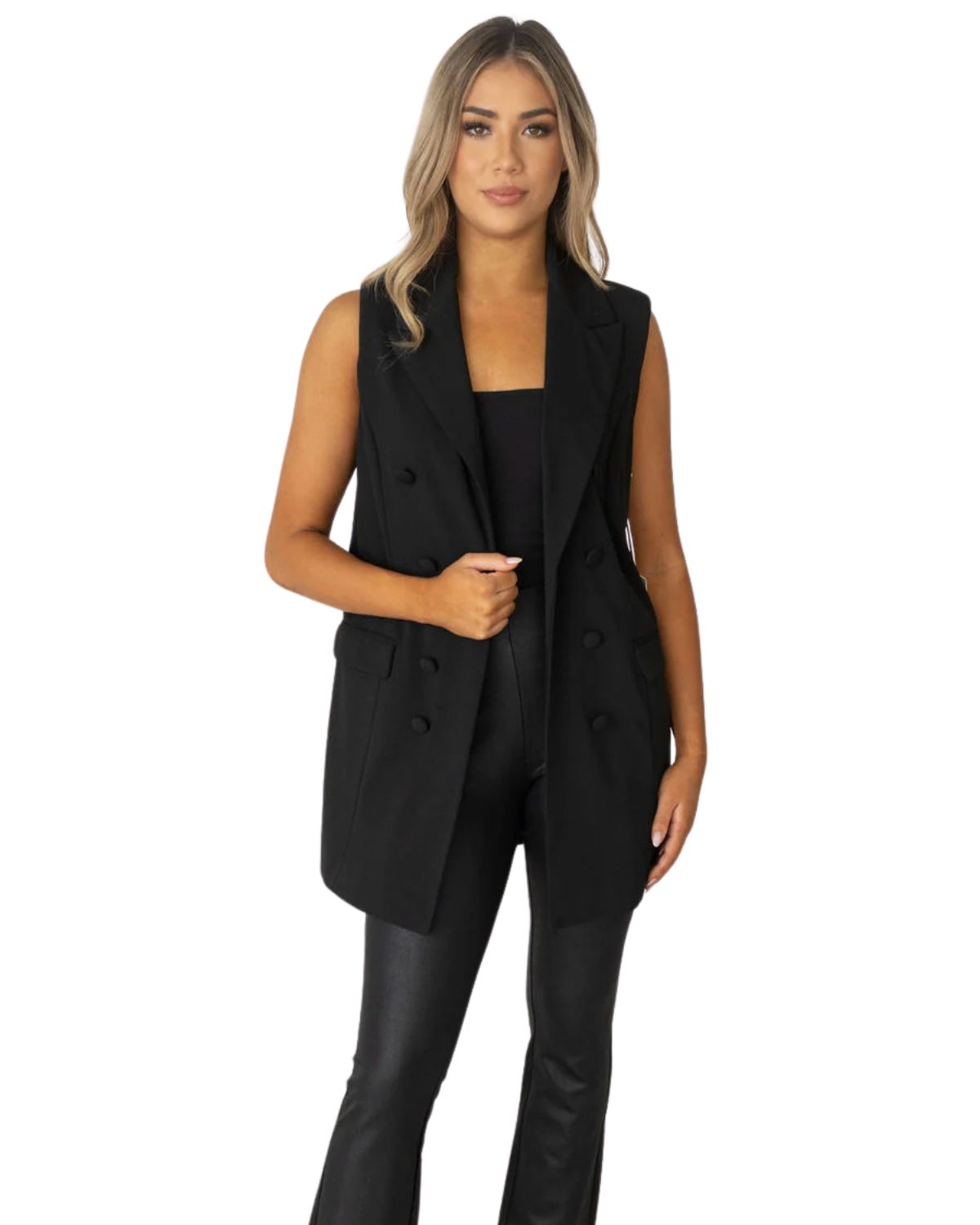 Stilo Apparel FS27277 KNIT CREPE LONG DOUBLE BREASTED VEST W/ FLAP POCKETS